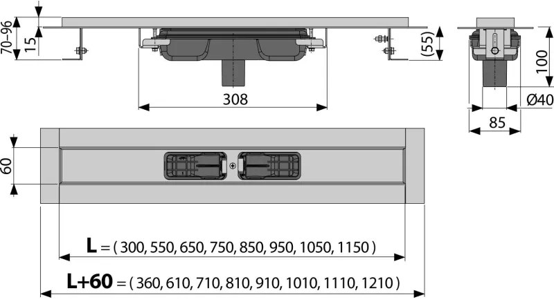 Podlahový žlab Alcadrain (Alcaplast) s okrajem pro perforovaný rošt, svislý odtok APZ1101-300