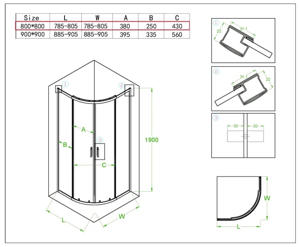 BPS-koupelny Čtvrtkruhový sprchový kout HYD-RK94A 80x80 chrom/transparent