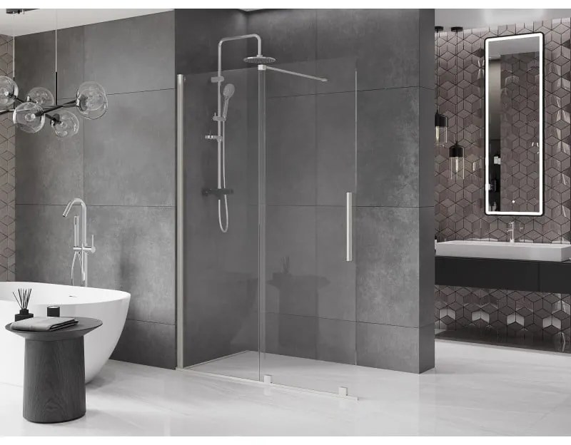 Mexen Velar, sprchová zástěna s posuvnými dveřmi Walk-in 140 x 200 cm, 8mm čiré sklo, broušená ocel, 871-140-000-03-97