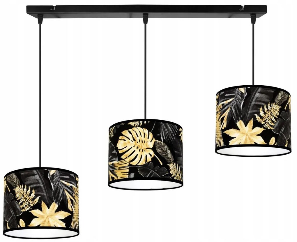 Závěsné svítidlo Gold Flowers, 3x černé textilní stínítko s květinovým vzorem