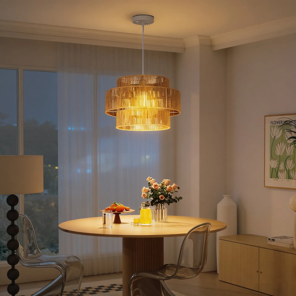 HOMCOM Závěsná lampa, 3stupňové stínidlo, kov, konopné lano, světle hnědá B31-521V00LR