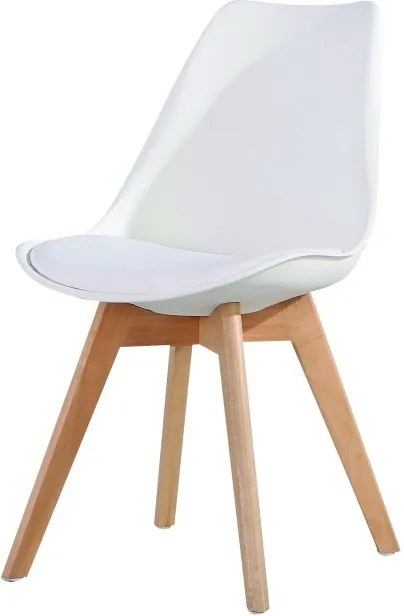 Plastová bílá jídelní židle s dřevěnou podstavou a měkkým sedákem TK191