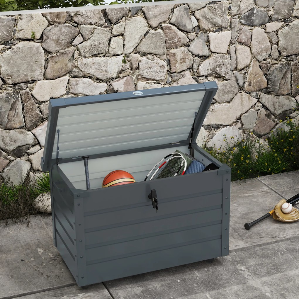 Zahradní box Outsunny, úložný box na kolečkách, úložný box se zámkem, rukojeť, zahradní truhla na balkon, terasu 100 x 62 x 65 cm, tmavě šedý