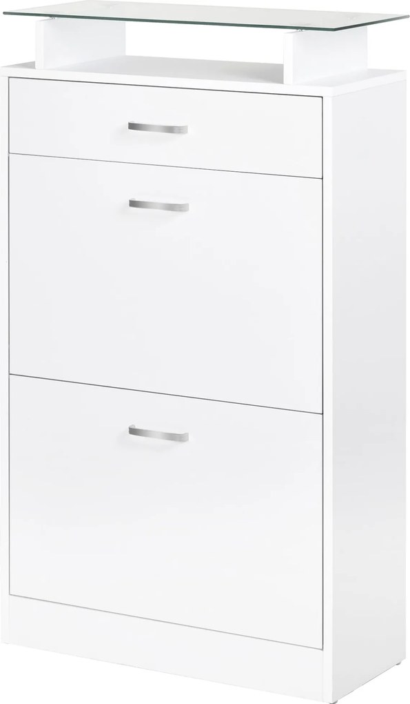 HOMCOM Botník s 3 šuplíky, skleněnou policí a hliníkovými úchyty pro předsíň, nosnost 50 kg, 60x24x105,5 cm, bílý | Aosom
