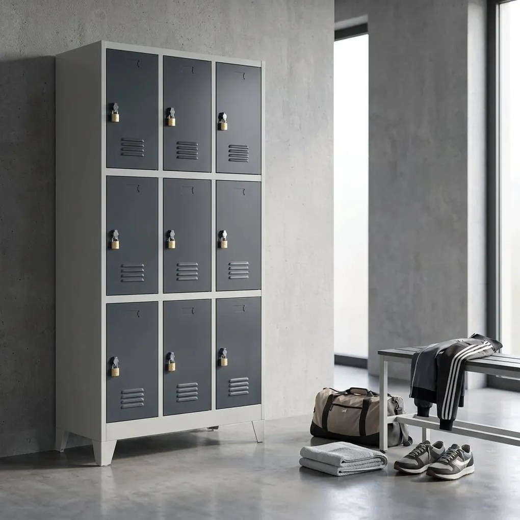 Kovová šatní skříňka - 9 boxů, 90 x 45 x 196,5 cm, nastavitelné nožky, otočný zámek, antracitová - ral 7016