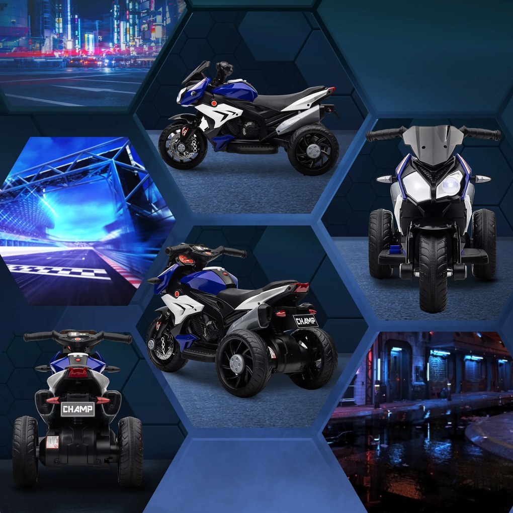 HOMCOM Dětská elektrická motorka se 3 koly pro děti od 3 let s 6V dobíjecí baterií, hudební klakson, světlomety 86x42x52 cm černá a modrá