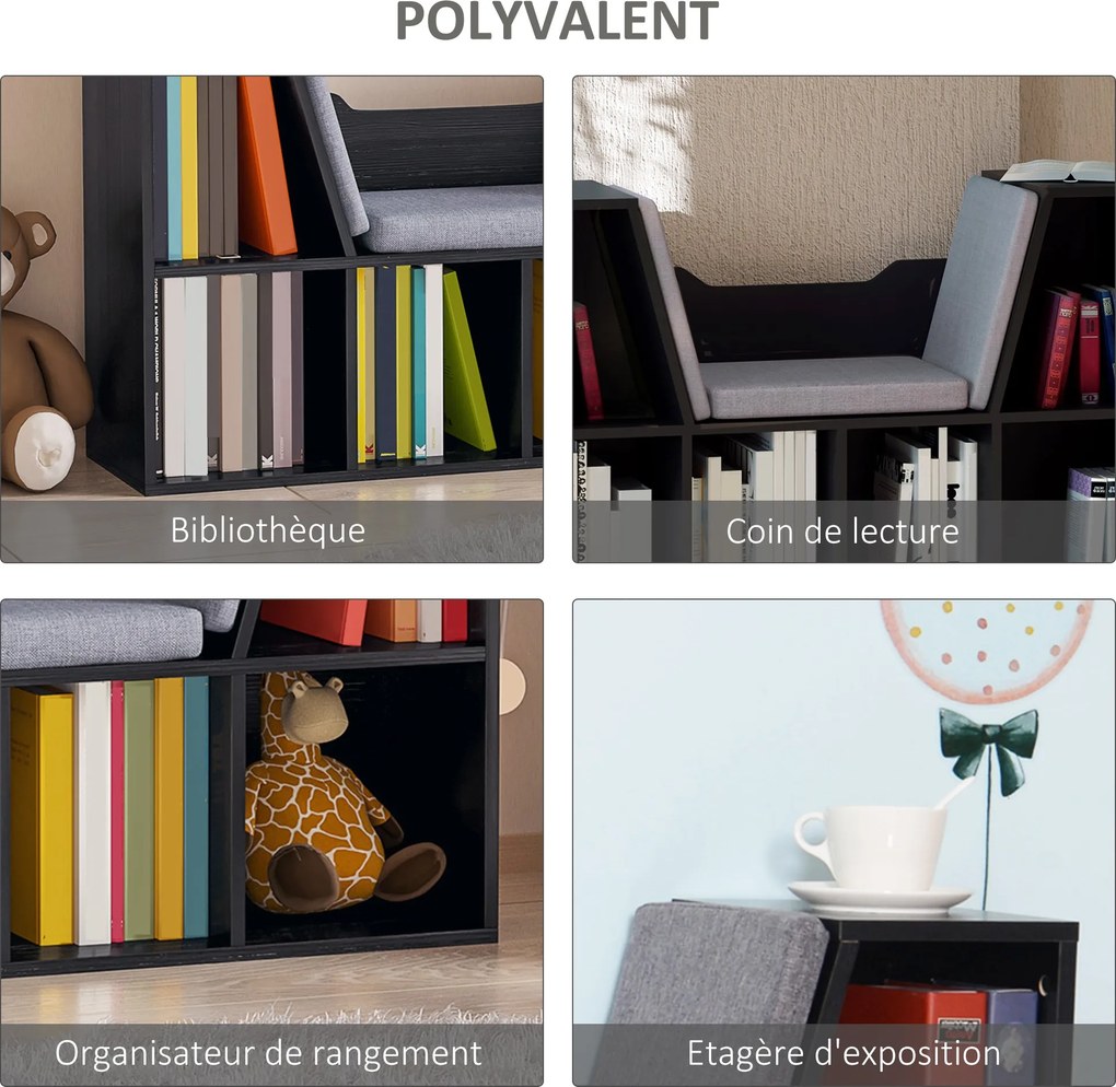 HOMCOM Dvoudílná knihovna s moderním designem a lavičkou, 6 přihrádek a 3 polštáře, 102D x 30Š x 61V cm, Černá Šedá