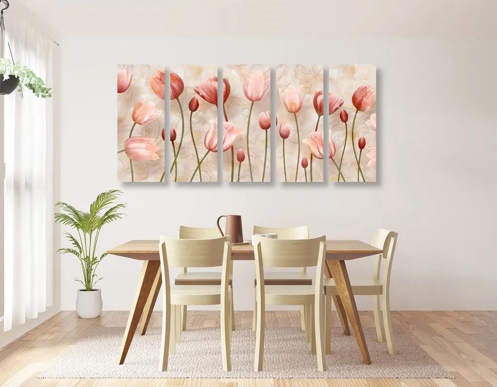 5-dílný obraz starorůžové tulipány - 100x50 cm