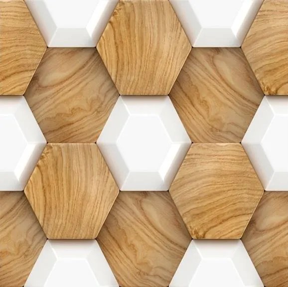 Samolepící PVC 3D panely 522, rozměr 30 x 30 cm, hexagony s dekorem dřeva, IMPOL TRADE