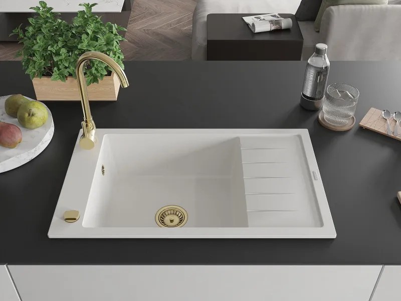 Mexen Elias, granitový dřez granitový 795x480x200 mm, 1-komorový, bílá se zlatým sifonem, 6511791005-20-G