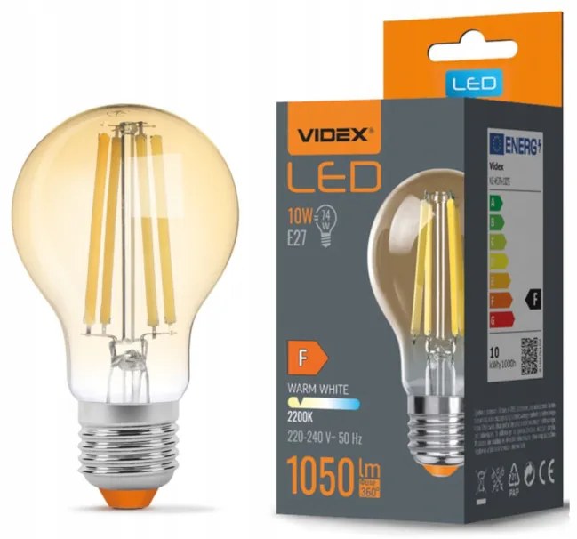 VIDEX LED žárovka AMBER filament - E27 - 10W - A60 AMBER - teplá bílá