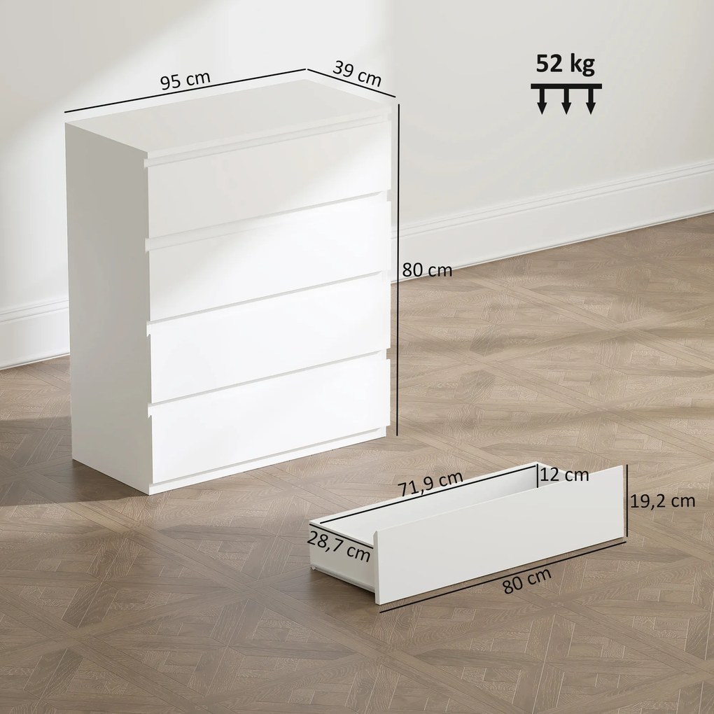 HOMCOM Komoda 4 zásuvky, jednoduchý úložný nábytek do ložnice, vnitřní použití, 80 x 39 x 95 cm, dřevotříska bílá