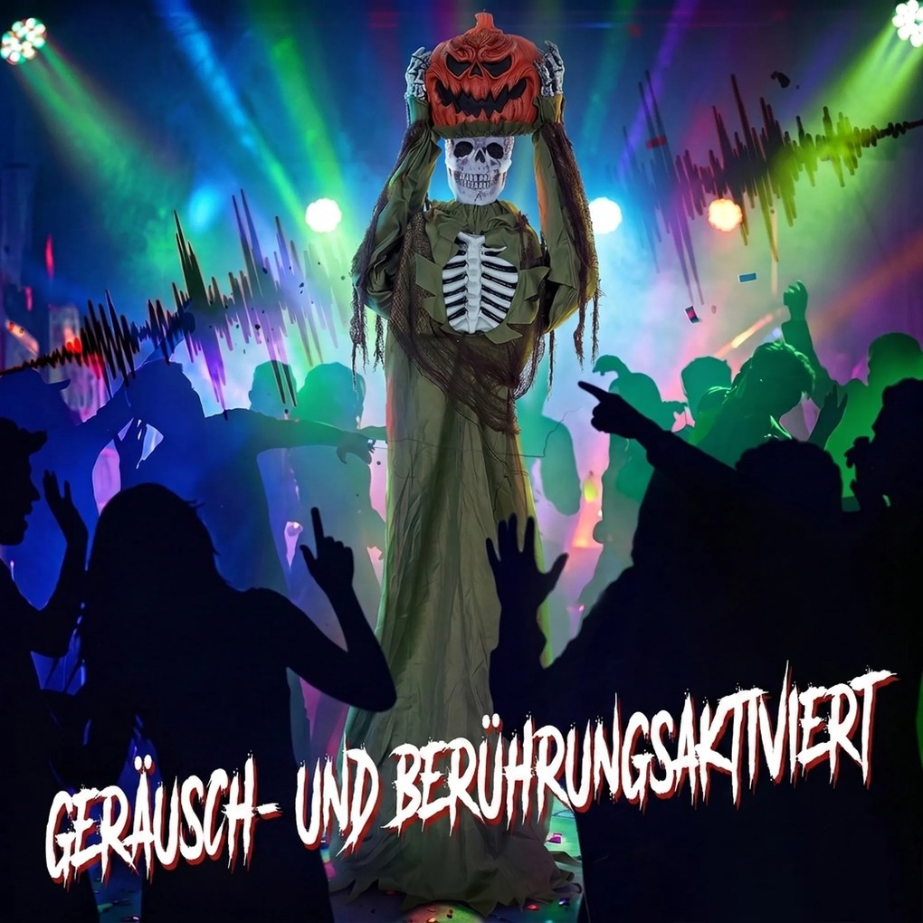 HOMCOM Animovaný vyskočivý dýňový kostlivec, 173 cm, strašidelná halloween dekorace se světlem a aktivací zvukem a dotekem