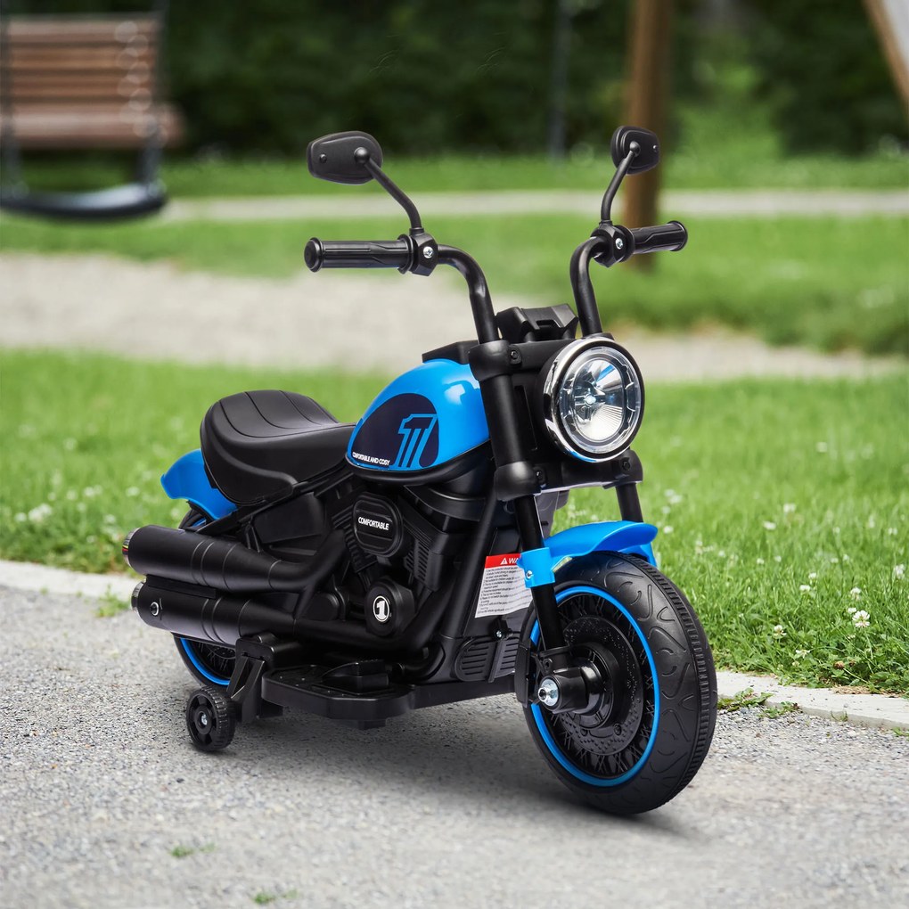 HOMCOM Dětská Elektrická Motorka s 2 Odnímatelnými Tréninkovými Koly, Rychlost 3 km/h, Pro Děti 1,5-3 Rocy, Modrá 76 x 42 x 57 cm