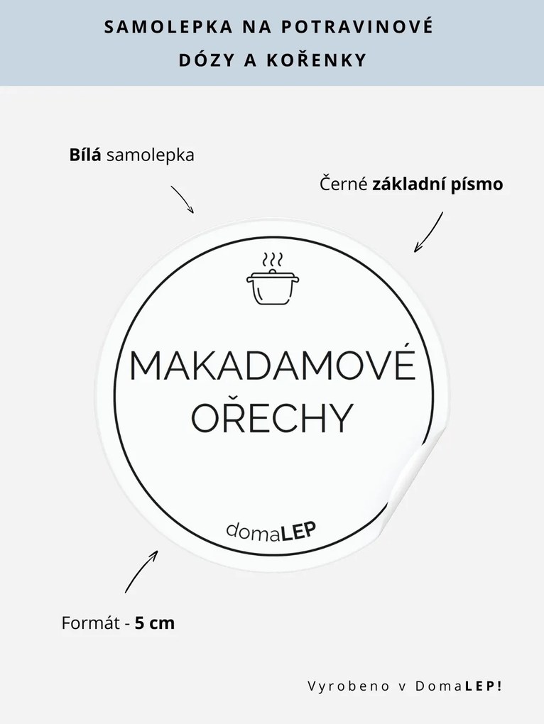 MAKADAMOVÉ OŘECHY – bílá samolepka na dózu, základní písmo, 5 cm | DomaLEP