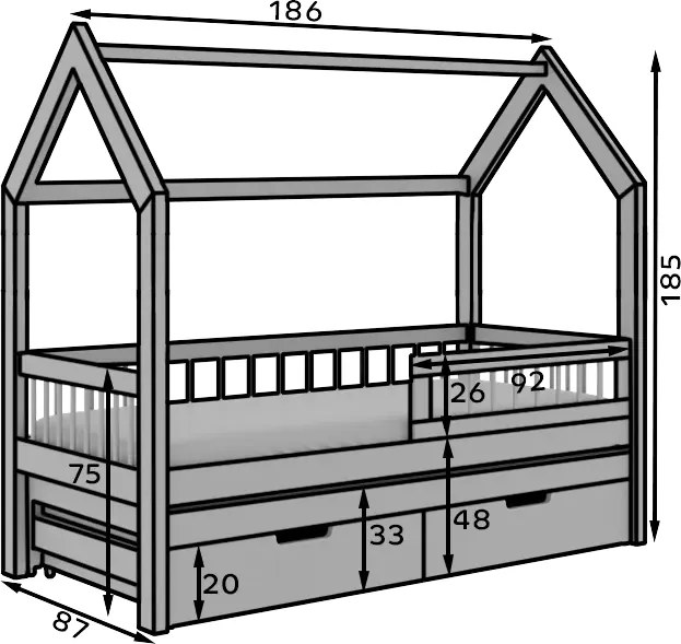Postel Domek Artes s matrací borovice, š. 87 cm
