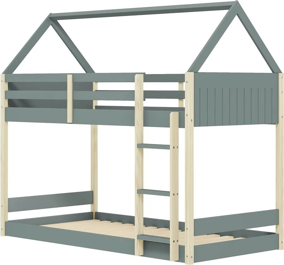 Domečková/patrová dětská postel s roštem 90x190 cm v přírodní barvě/šedozelená Valka – Marckeric