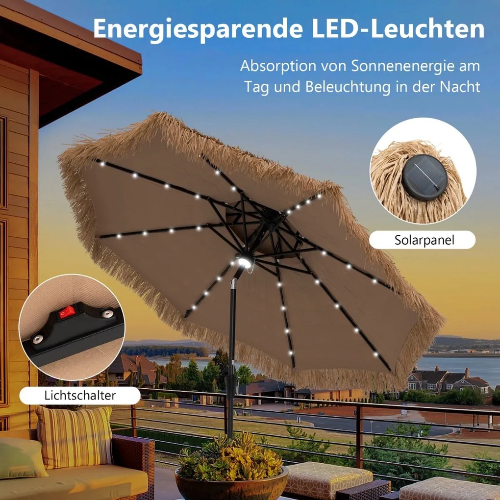Costway Slunečník Hawaii slaměný 270 cm s LED solárním osvětlením a dvojitou