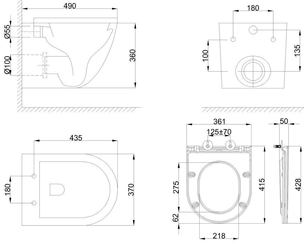 Erga Lily, závěsná WC mísa Rimless Tornado Flush 490x370x360 mm + toaletní sedátko s pomalým zavíráním, bílá, ERG-LILY-CE-93-001