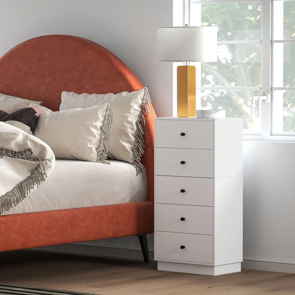 HOMCOM Komoda se 5 zásuvkami, dřevěný úložný kabinet v moderním stylu, 47 x 29 x 95 cm, bílá