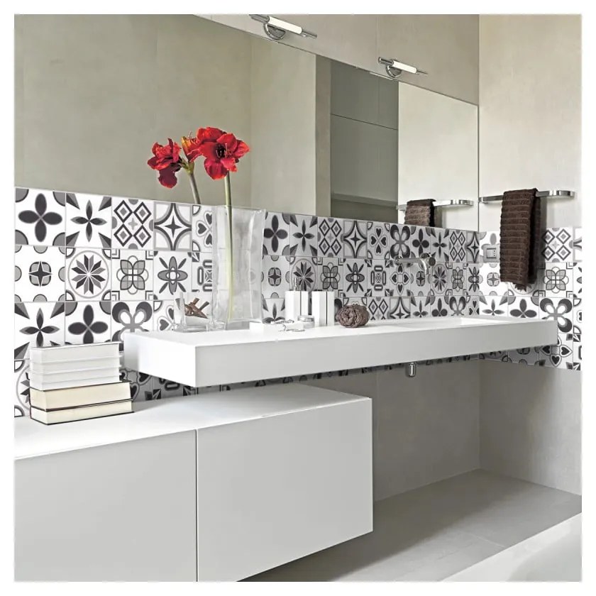 Sada 24 nástěnných samolepek Ambiance Wall Decal Cement Tiles Azulejos Erico, 15 x 15 cm