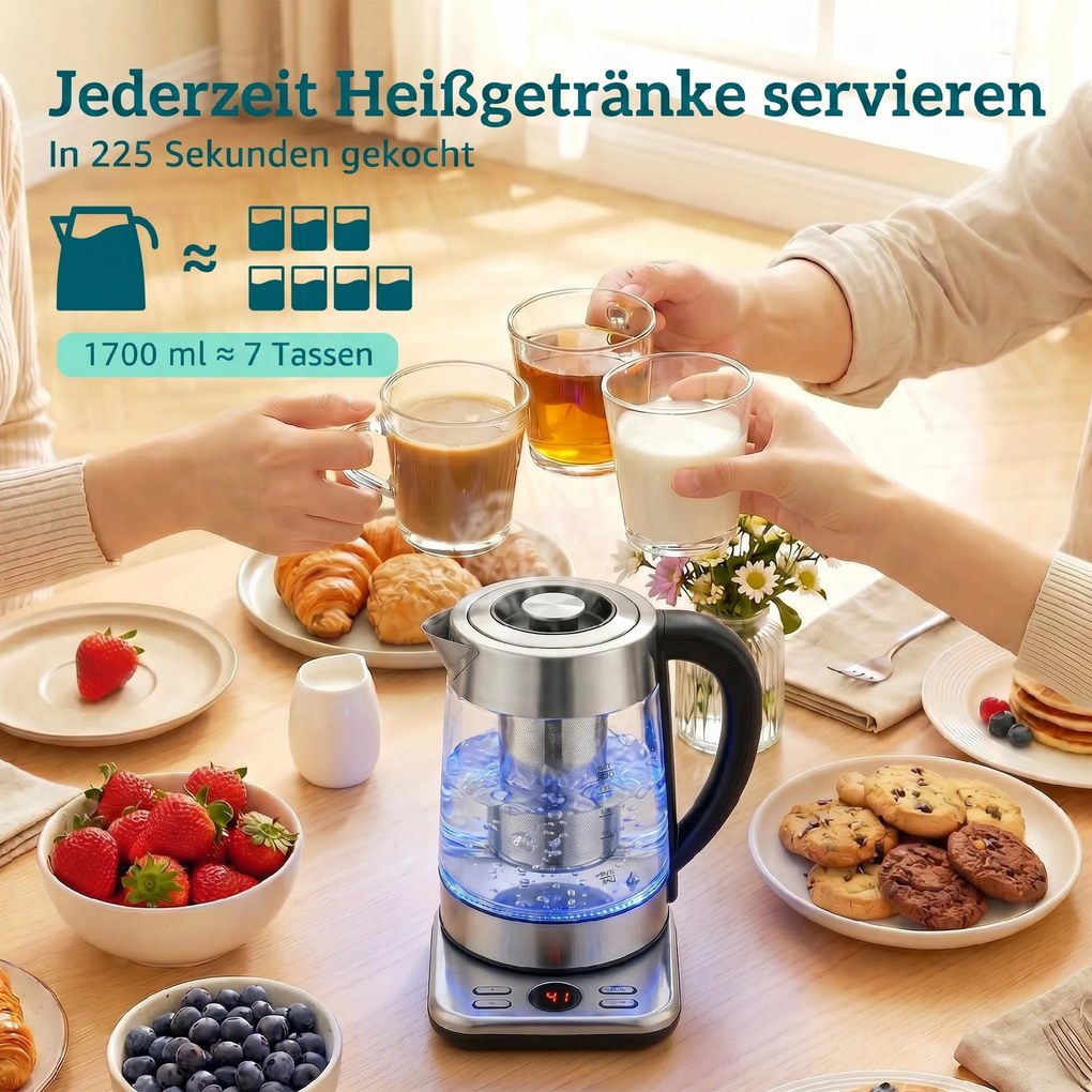 HOMCOM Elektrická konvice, 1,7 l rychlovarná 2200 W konvice s UK Strix termostatem, sítkem na čaj, funkcí udržování teploty