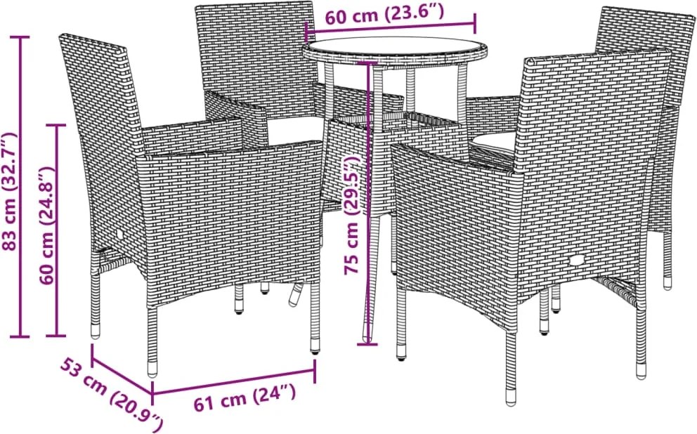5dílný zahradní jídelní set s poduškami černý polyratan a sklo 3278616