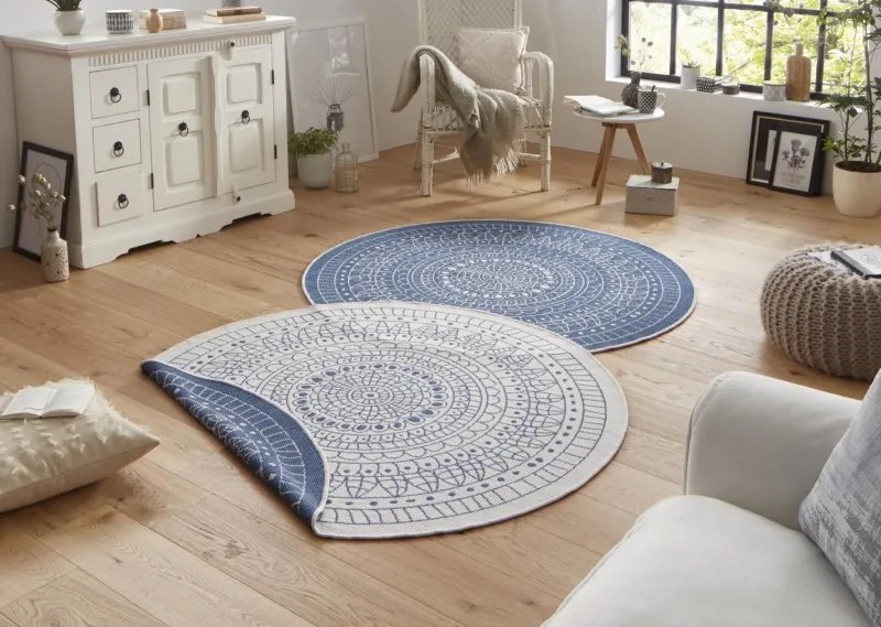 NORTHRUGS - Hanse Home koberce Kusový koberec Twin-Wendeteppiche 103104 creme blau kruh – na ven i na doma - 200x200 (průměr) kruh cm