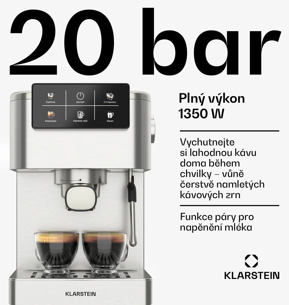Klarstein SteelPresso kávovar s portafiltrem, Dotykový displej, 20 bar, nerezová ocel