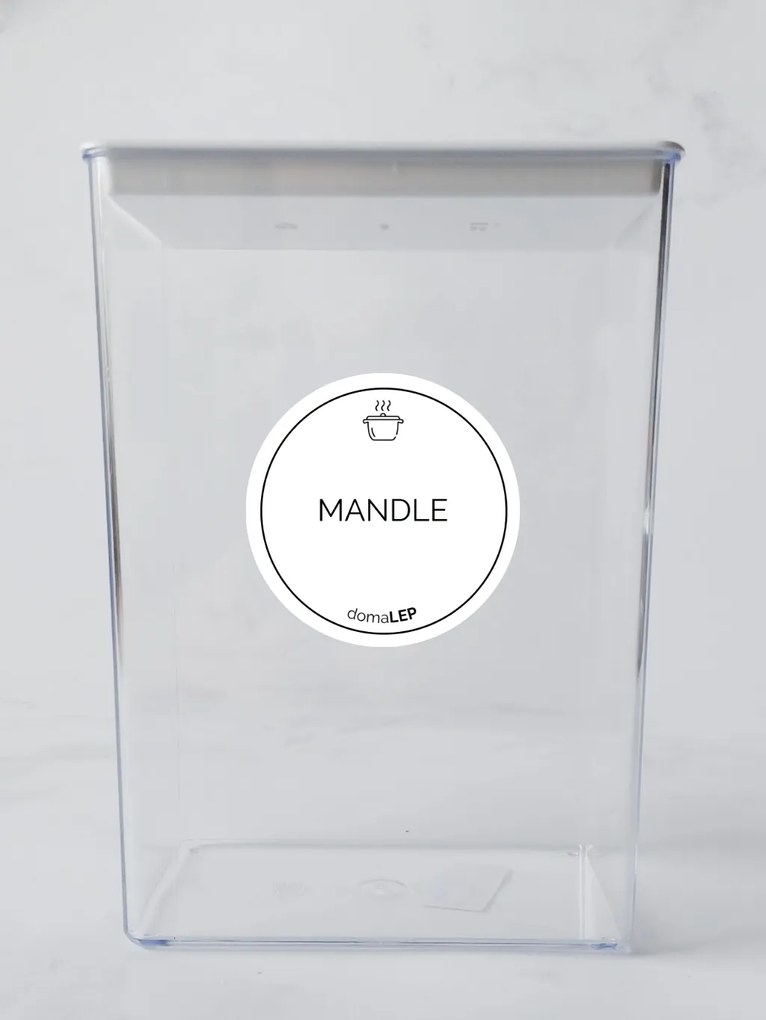 MANDLE – bílá samolepka na dózu, základní písmo, 5 cm | DomaLEP