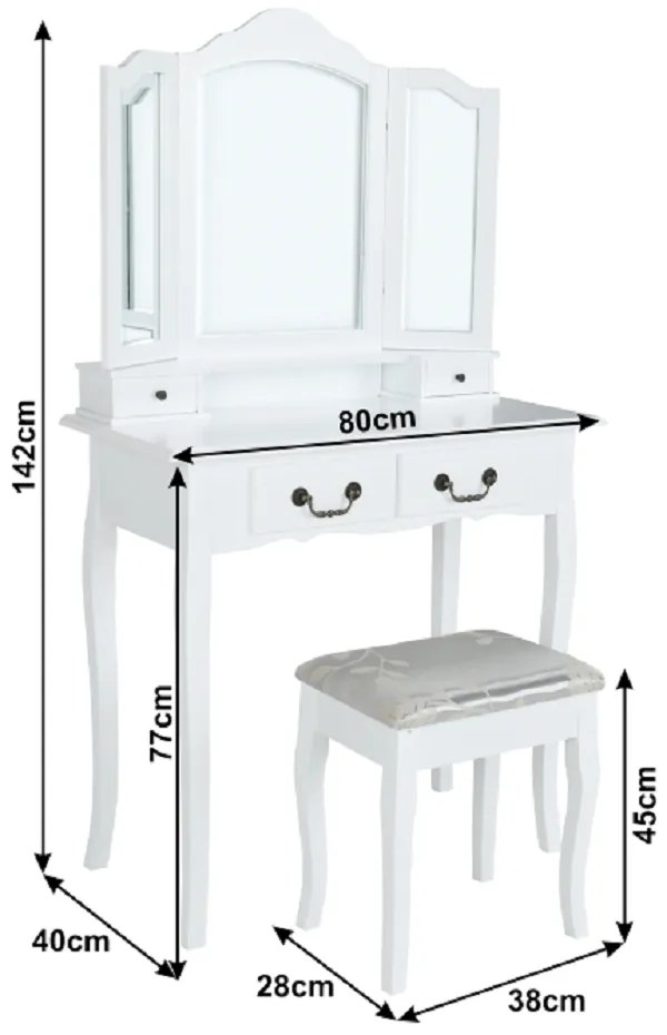 Kondela Toaletní stolek s taburetem, bílá/stříbrná, REGINA NEW