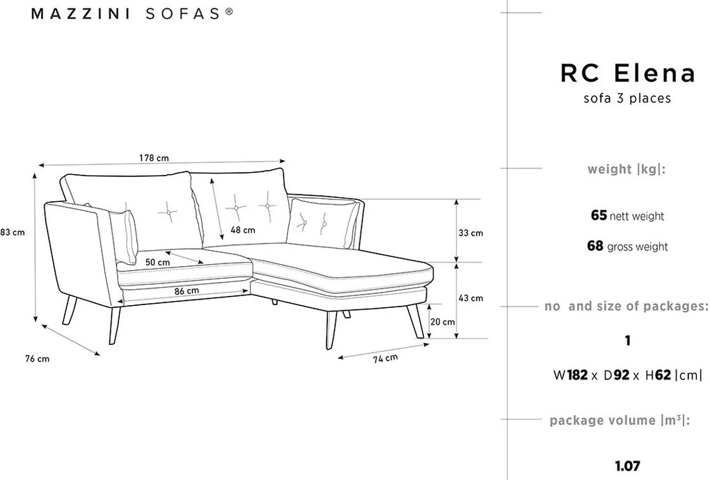 MAZZINI SOFAS Třímístná rohová pohovka Elena pravý roh