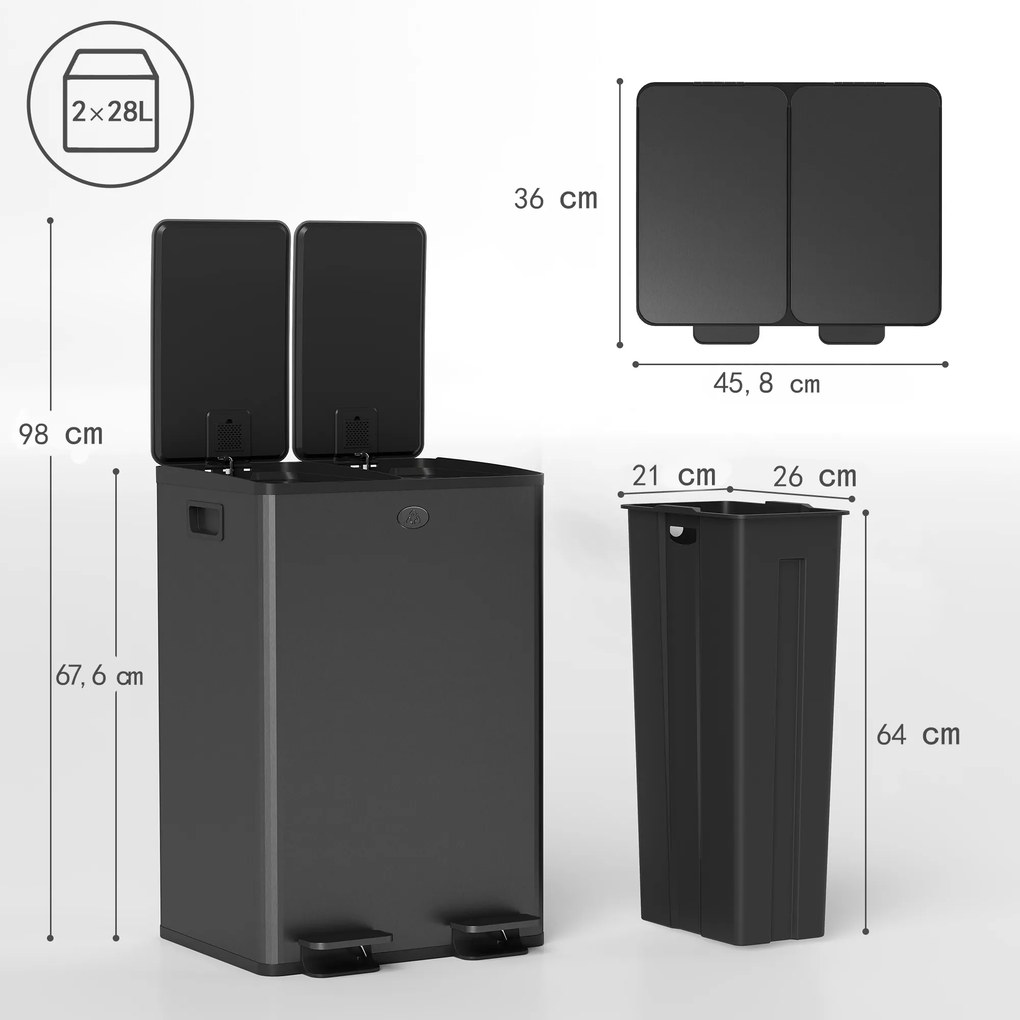 HOMCOM pedálový odpadkový koš se 2 přihrádkami (2×28 l), nerez, vyjímatelné kbelíky, tlumené zavírání, odolný proti otiskům, černý