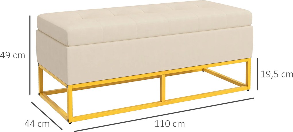 HOMCOM Lavice s úložným prostorem Čalouněná lavice s výklopným víkem v béžovém sametovém vzhledu Lavice s ocelovými nohami 110x44x49 cm do předsíně o…