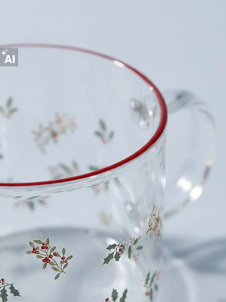 Sinsay - Vánoční skleněné hrnky s potiskem cesmíny a větviček 2 pack - clear