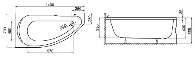 Polimat Akrylátová asymetrická vana Miki 140x70 (145x85) L(R) AS Barva: Bílá, Rozměry (cm): 145x85, Orientace: Pravá