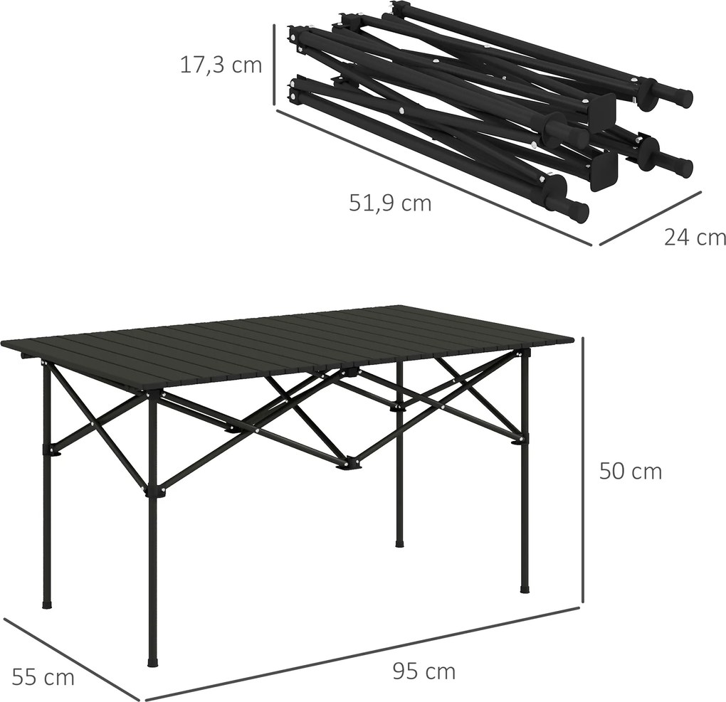 Kempingový stůl Skládací stůl s rolovací deskou Hliníkový zahradní stůl pro 2 osoby 95 x 55 cm černý