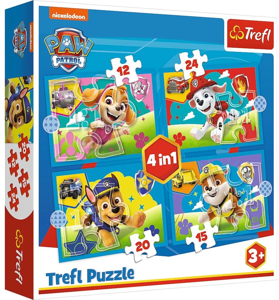 Trefl Puzzle 4v1 Štěňata v běhu Tlapková patrola/Paw Patrol 28,5x20,5cm v krabici 28x28x6cm