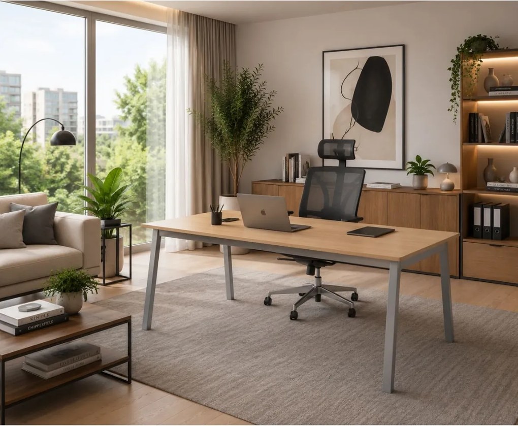 Jednací kancelářský stůl PRIMO BASIC, 200x90 cm, šedostříbrná podnož, dub přírodní