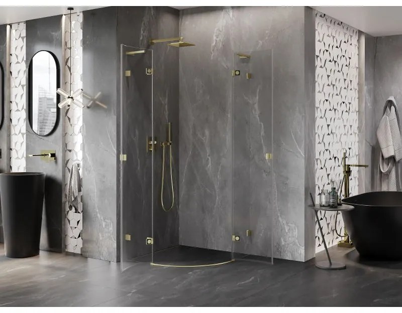 Mexen Lunar, L půlkruhový výklopný sprchový kout 70 x 70 cm, 8mm čiré sklo, zlatý matný profil, 833L-070L-070P-55-00