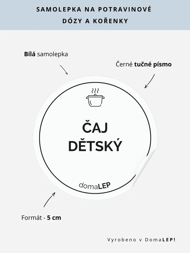 ČAJ DĚTSKÝ – bílá samolepka na dózu, tučné písmo, 5 cm | DomaLEP