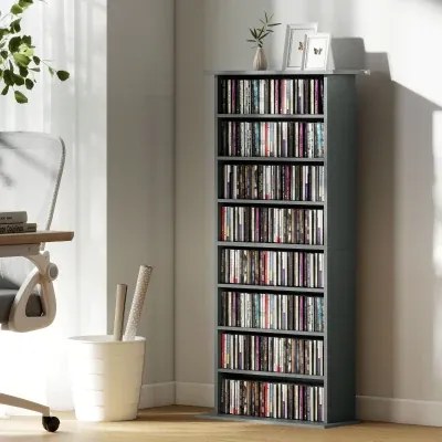 HOMCOM úložný prostor na CD a DVD s 8 přihrádkami a 6 nastavitelnými policemi, kapacita až 360 CD/185 DVD a Blu-ray, šedá