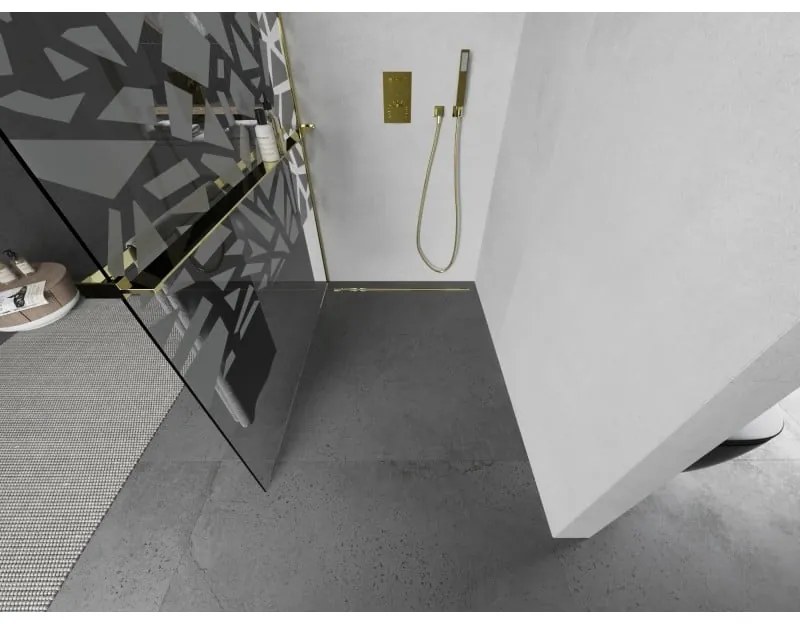 Mexen Kioto+ L, sprchová zástěna Walk-In s poličkou a věšákem 100 x 200 cm, 8mm čiré sklo bílý vzor, ​​zlatý lesklý profil, 800-100-123-50-85