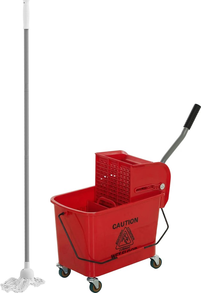 HOMCOM kyblík na vytírání s ždímacím zařízením, přepážkou na oddělení vody a kolečky, objem 20 l pro domácí úklid, 45x26,5x70 cm, červený