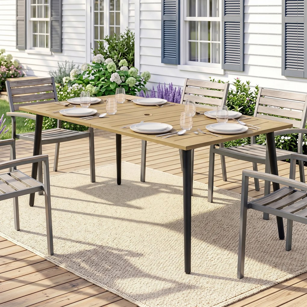 Outsunny Zahradní stůl 150x90cm, ocelový balkonový stůl odolný proti povětrnostním vlivům, balkonový stůl s otvorem pro slunečník hnědý