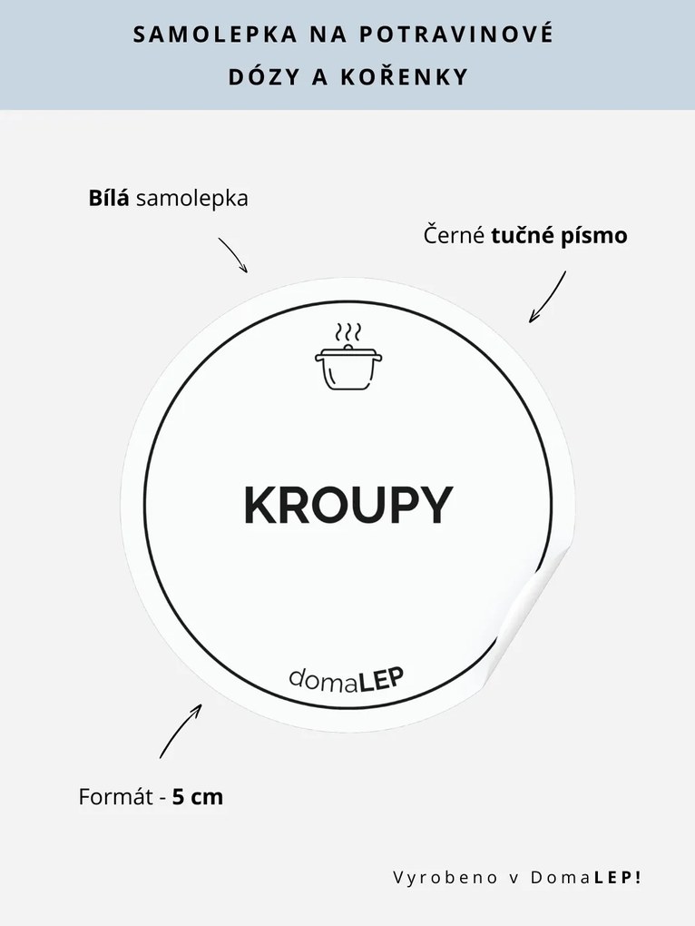 KROUPY – bílá samolepka na dózu, tučné písmo, 5 cm | DomaLEP
