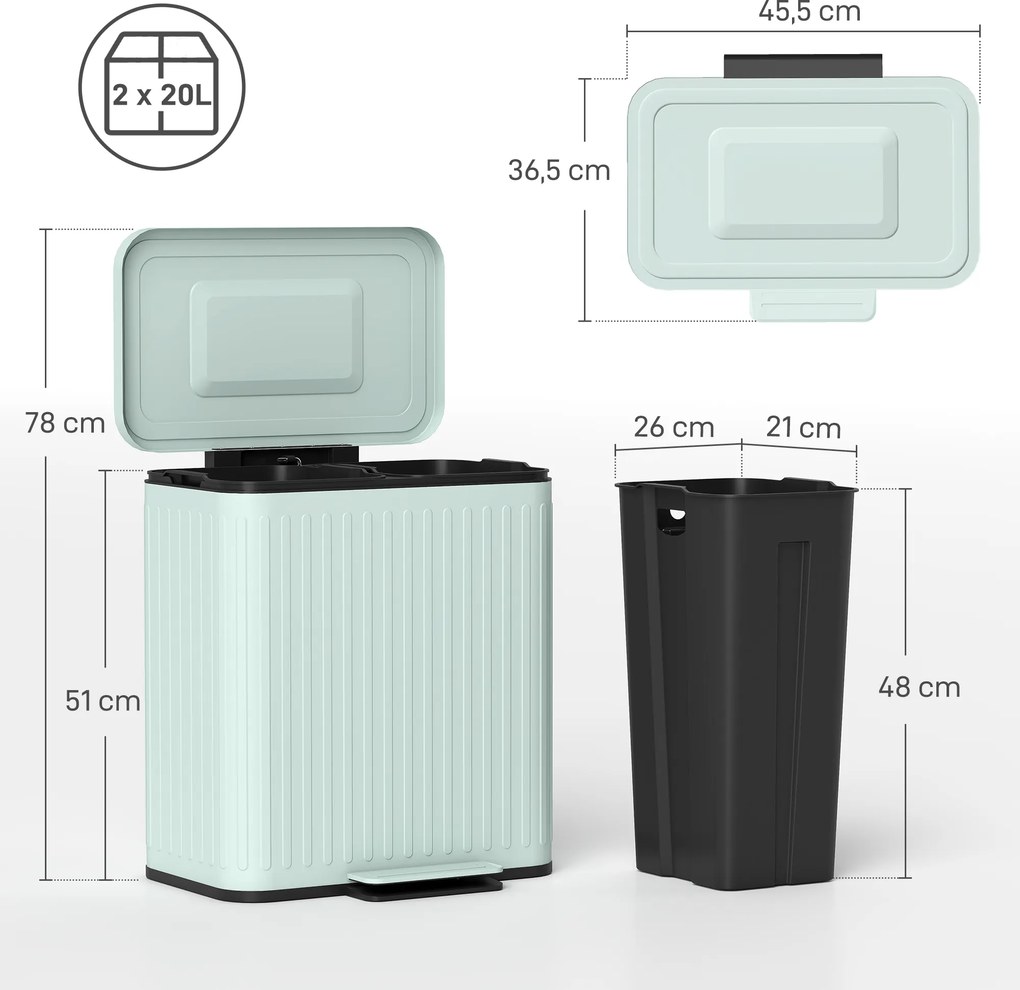 HOMCOM koš na odpad 40 l s pedálem a dvěma přihrádkami — 2 × 20 l, tlumené dovírání, funkce držení otevřeného víka, vyjímatelné vnitřní nádoby — zele…