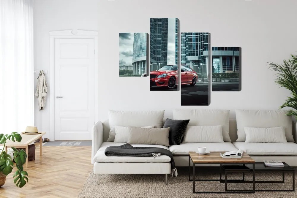 Vícedílný obraz Červené Auto Na Pozadí Moderních Mrakodrapů Nedostatek Nedostatek Plátno Canvas 160x100