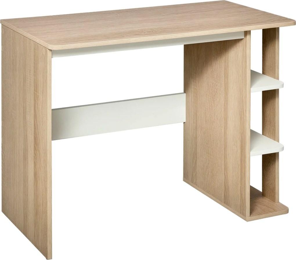 HOMCOM Počítačový stůl s rozměry 100 Š x 44 H x 74 V cm, 3 boční police, dřevo, světlý dub, bílý