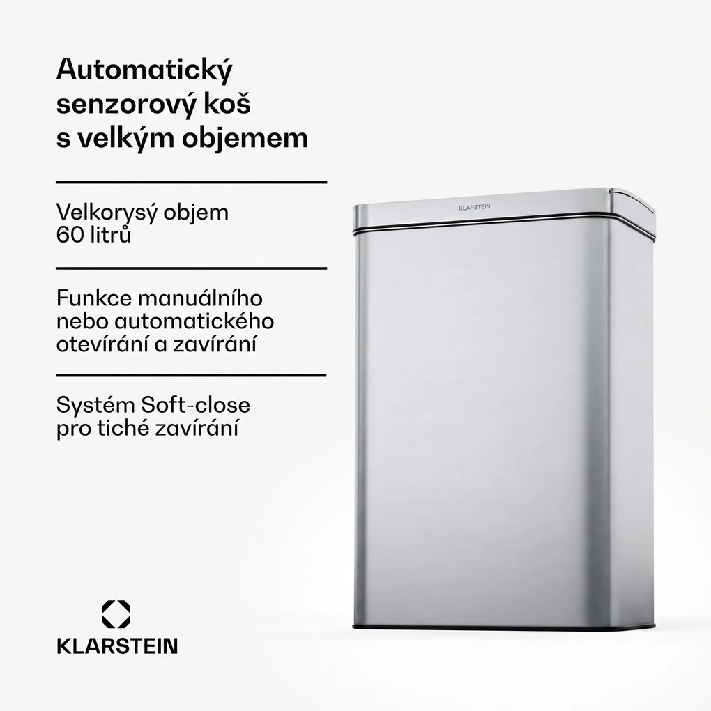 Klarstein Touchless, senzorový odpadkový koš, 60 l, z nerezavějící oceli, Soft-Close zavírání, napájen baterií, LED displej, časovač